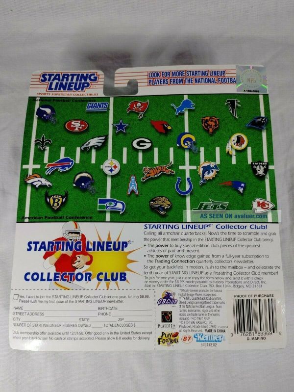 1997 STARTING LINEUP NFL Dan Marino Miami Dolphins Football Kenner SLU ...