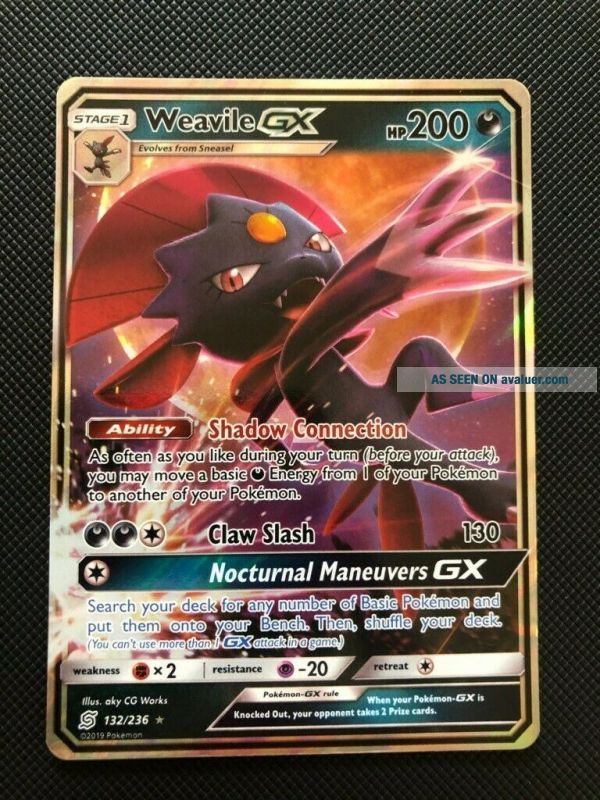 Pokemon Ultra Rare Holo Foil Weavile GX Card 132/236 SM Unified Minds ...