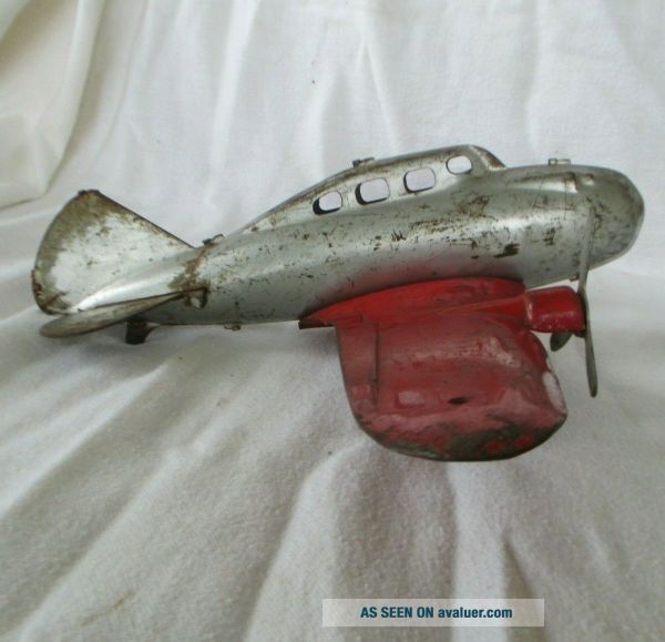 Vintage Metal Airplane Toy Wooden Wheels Pressed Steel Aircraft | #32717109