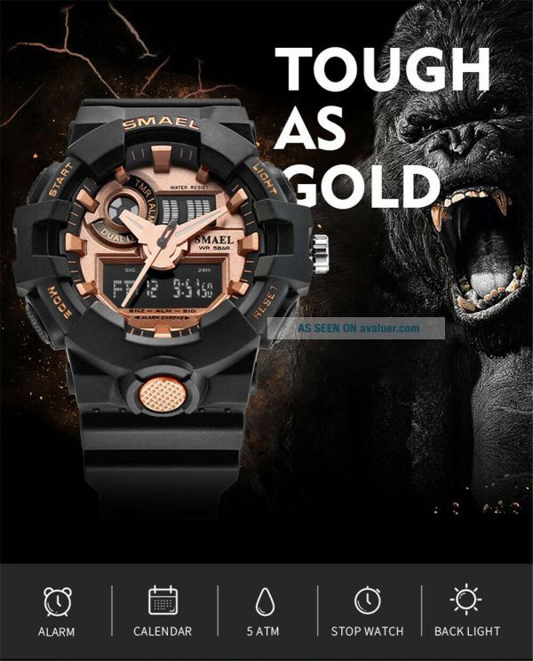 SMAEL Watch Men Sports Quartz Wristwatches Digital LED Gold Watch Alarm ...