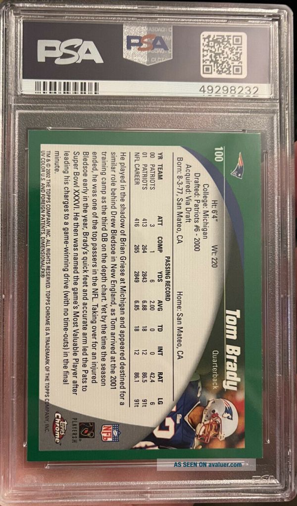 2002 TOPPS Chrome 100 TOM BRADY PATRIOTS PSA Grade 8 NM - MT 1ST Year ...