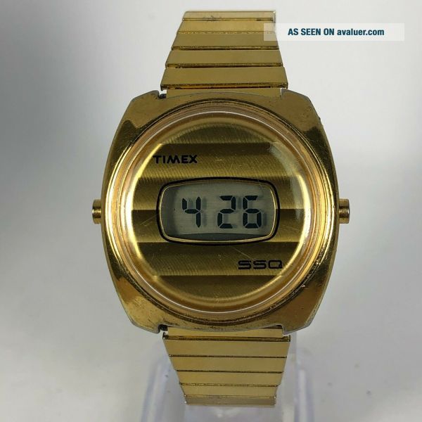 Vintage Timex Mens SSQ Gold Stainless Steel Band Digital Wrist Watch ...