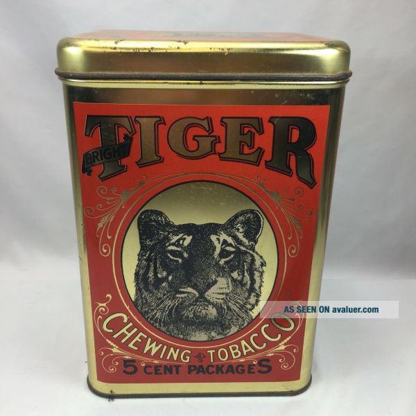 Vintage Bright Tiger Chewing Tobacco Fine Cut 5 Cent Packages Large Tin ...