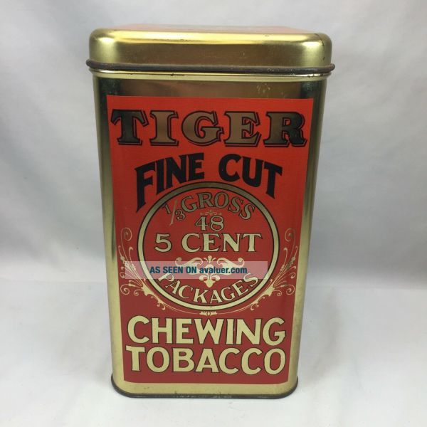 Vintage Bright Tiger Chewing Tobacco Fine Cut 5 Cent Packages Large Tin ...