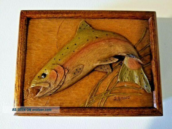 Wood Cigar Box Carved By S. Bond Rainbow Trout From Bridger Trading ...
