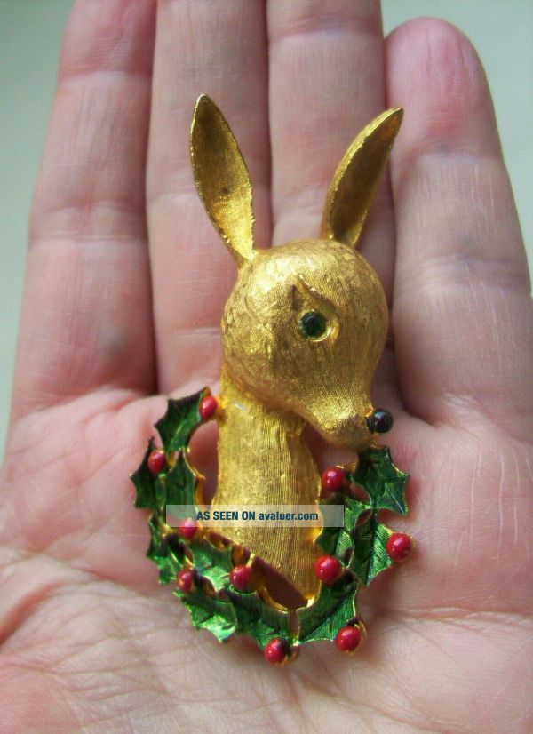 Vintage Christmas Reindeer Doe Head Pin Brooch Rhinestone Enamel Holly ...