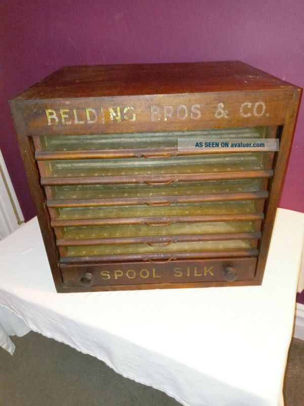Antique Beldings Silk 7 Drawer Oak Glass Front Spool Chest Cabinet ...
