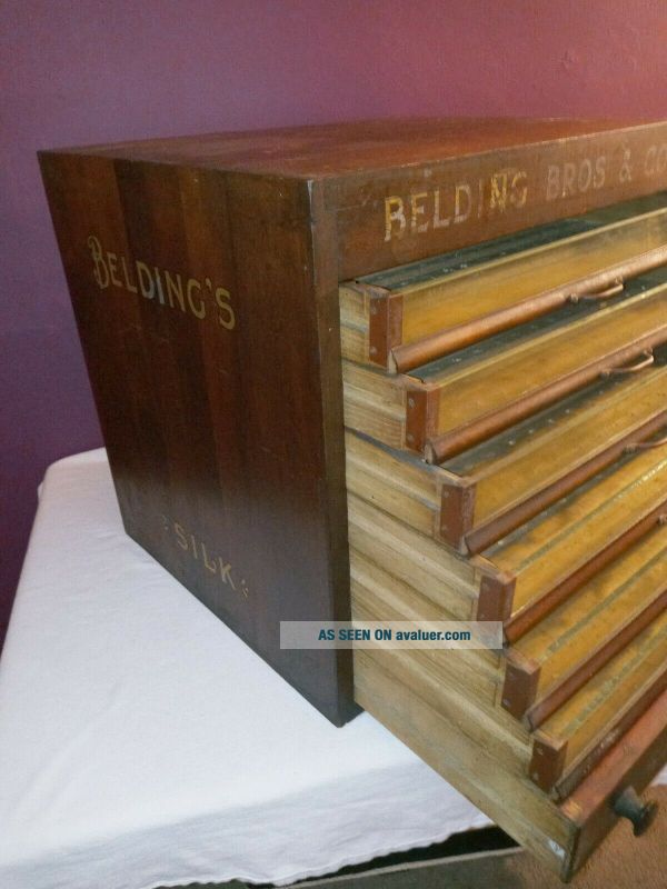 Antique Beldings Silk 7 Drawer Oak Glass Front Spool Chest Cabinet ...