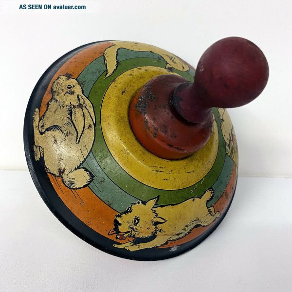 Vintage Ohio Art Tin Litho Toy Spin Spinning Top W/ Rabbit Dog Cat ...