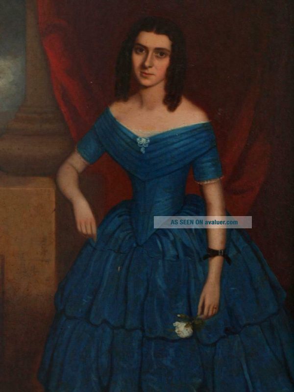 FINE EARLY 19th Century PORTRAIT YOUNG LADY BLUE DRESS Antique Oil ...