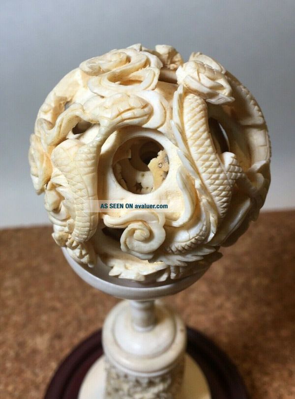 Vintage Chinese Carved Dragon Puzzle Ball With Stand. | #45001796