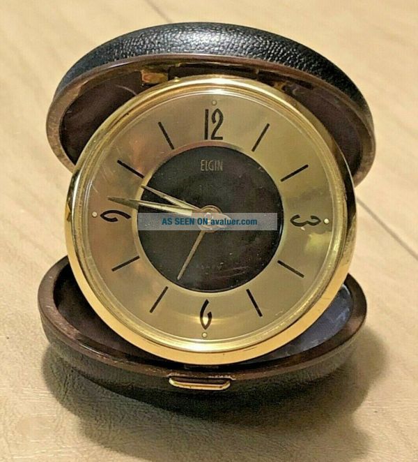 Vintage ELGIN Folding TRAVEL ALARM CLOCK Clam Shell Black/Gold Face ...