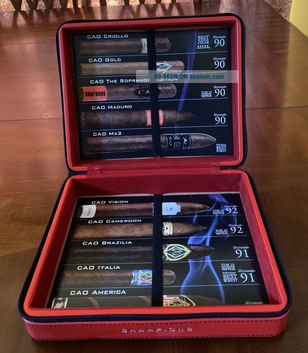 CAO CHAMPIONS Red Zippered Cigar Box With Pictures Of Cigars Inside ...