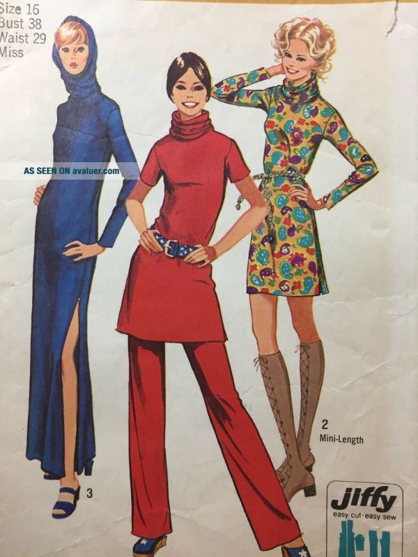 Vintage 1970s Cowl Neck Hooded MAXI MINI Dress Simplicity 9500 Sz16 B38 ...