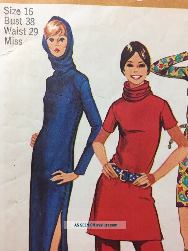 Vintage 1970s Cowl Neck Hooded MAXI MINI Dress Simplicity 9500 Sz16 B38 ...
