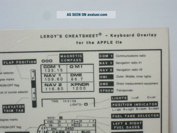 Vintage Apple II Keyboard Overlay FLIGHT SIMULATOR II Leroy ' S ...