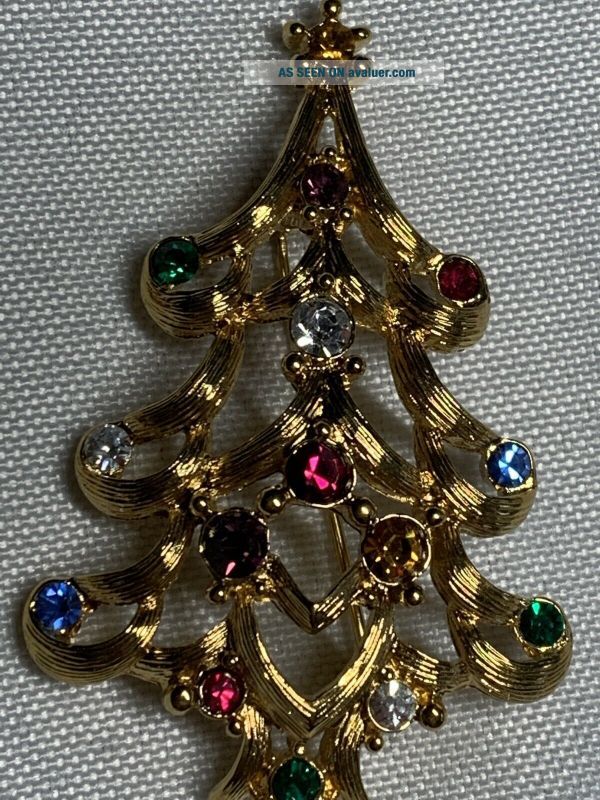 Vintage Signed Monet Gold Tone Christmas Tree Pin With Crystals B248 ...