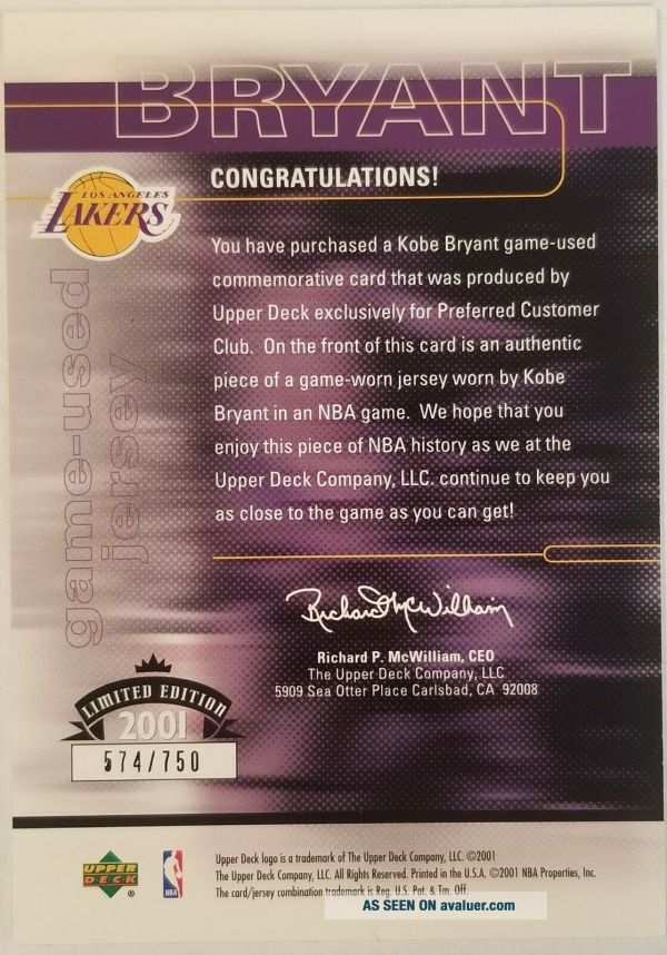 2001 Upper Deck Jumbo Game - Jersey Kobe Bryant Limited Edition | #45263558