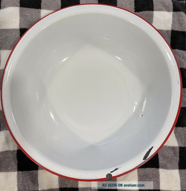 Vintage Enamelware Basin White With Red Trim Farmhouse | #45276924