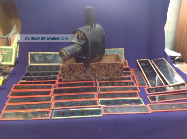 ANTIQUE GERMAN TIN TOY MAGIC LANTERN 33 COLORIZED GLASS SLIDES COMIC ...
