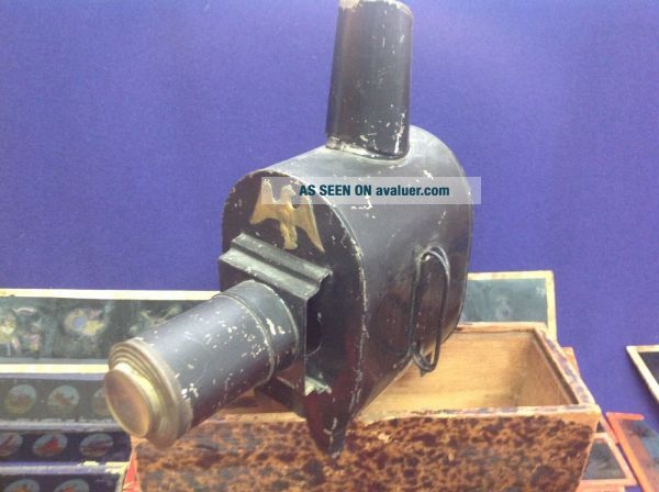 ANTIQUE GERMAN TIN TOY MAGIC LANTERN 33 COLORIZED GLASS SLIDES COMIC ...