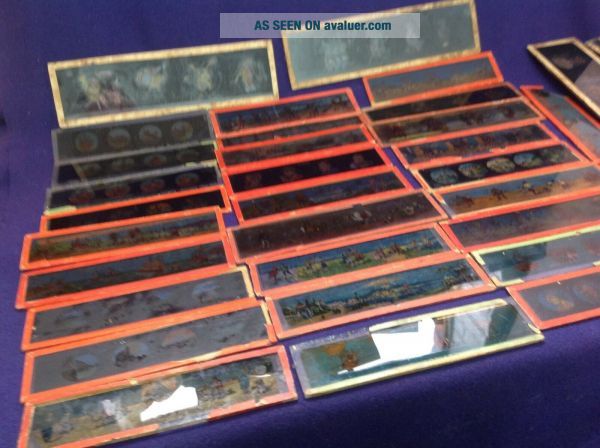 ANTIQUE GERMAN TIN TOY MAGIC LANTERN 33 COLORIZED GLASS SLIDES COMIC ...