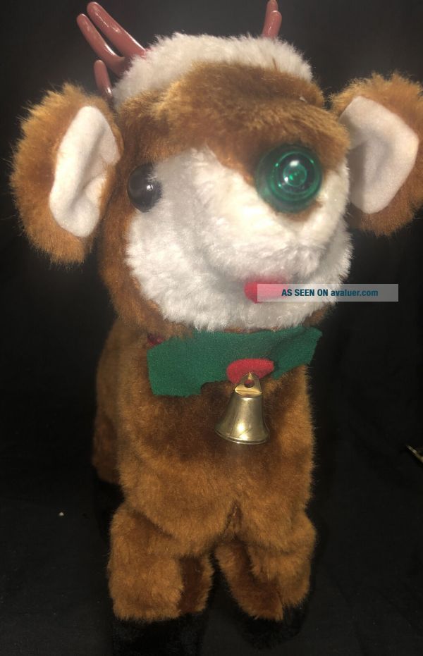 Vtg Walking Musical Christmas Reindeer Plush Toy Flashing Nose Walks ...
