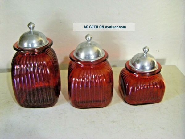 Vintage Artland Red Ribbed Glass Canister Set With Domed Metal Lids ...