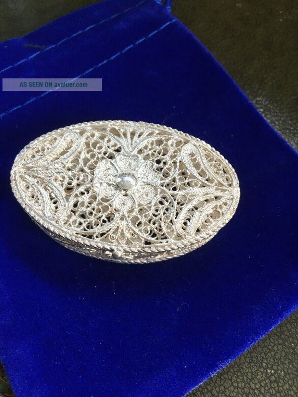 Vintage Solid Silver Filigree Pill Box | #45628475