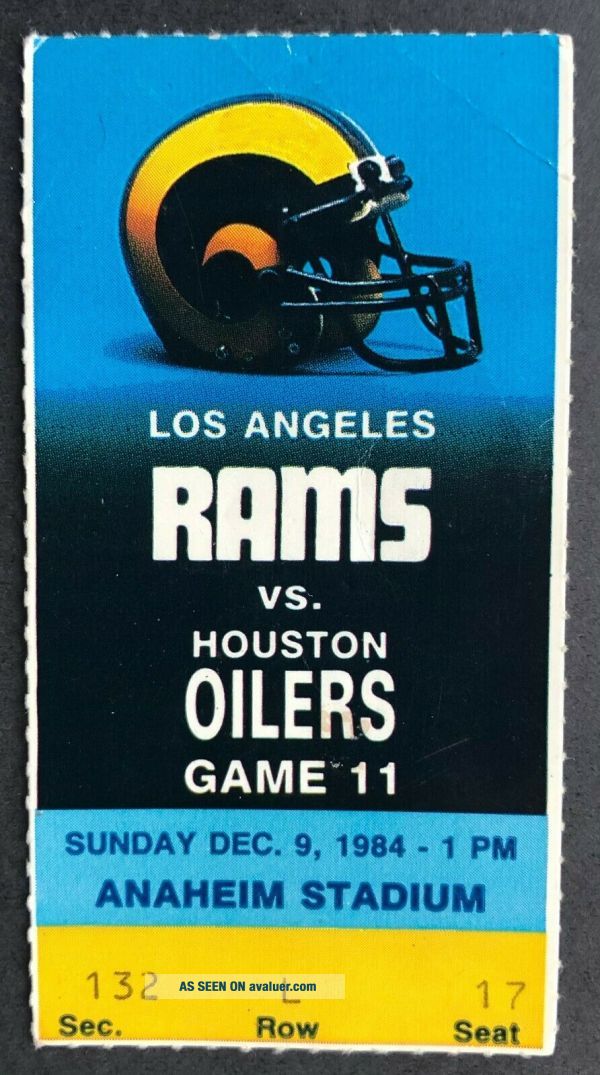 1984 Houston Oilers Vs Los Angeles Rams Ticket Stub 12/9/84 Eric ...