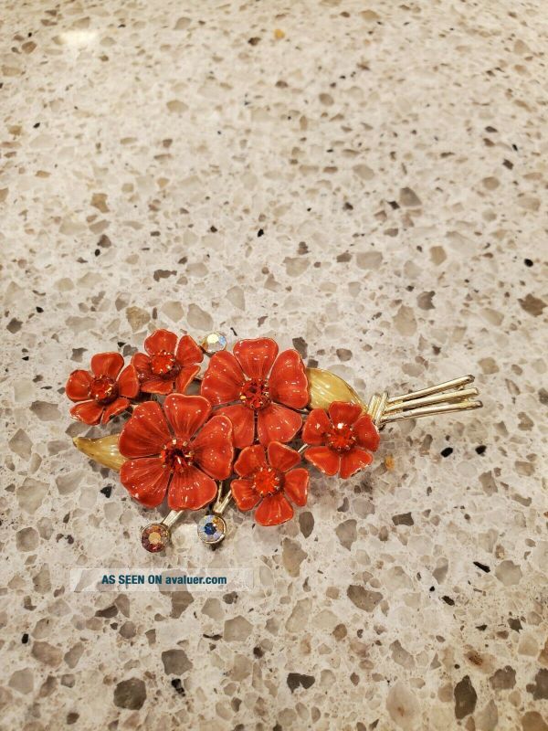 Vintage Coro Marked Red Flower With Rhinestone Pin Brooch | #45691039