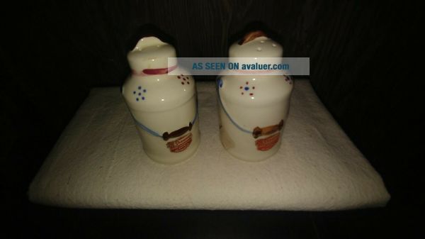 VINTAGE SHAWNEE SALT PEPPER SHAKER WITH LABELS MILK CANS RED WHITE BLUE ...