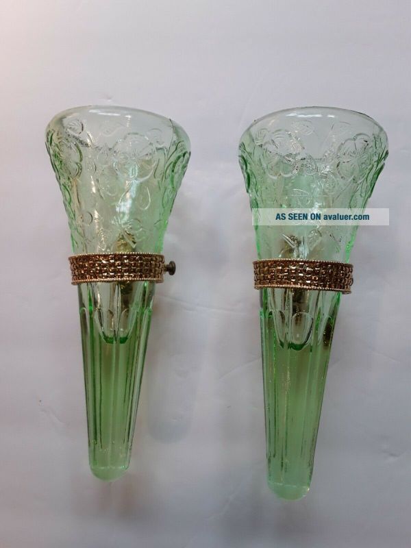 Antique 1920 ' S Green Depression Glass Car Vases With Brackets ...