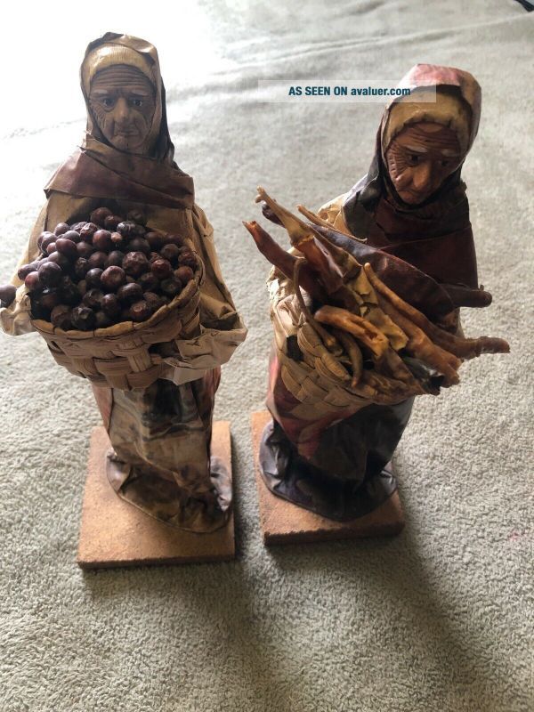 Set Of 2 Vintage Mexican Paper Mache Folk Art Figurines Old Women With ...