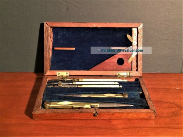 Antique Drawing Drafting Instruments Set In Wood Mahogany Box | #46048354