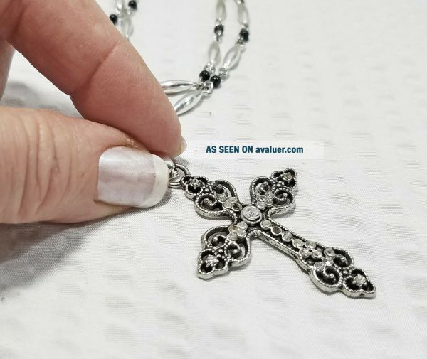Vintage Silver Tone Filigree And Crystal Cross Pendant And Multi Strand ...
