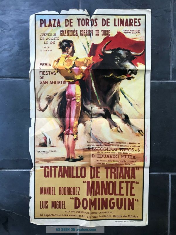 Vintage Plaza De Toros 8/1947 MANOLETE Death Bull Fight Poster Spain ...