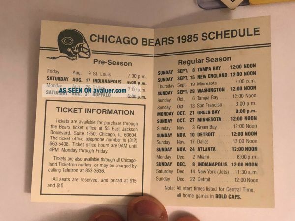 1985 Chicago Bears NFL Football Pocket Schedule Walter Payton WGN Radio ...