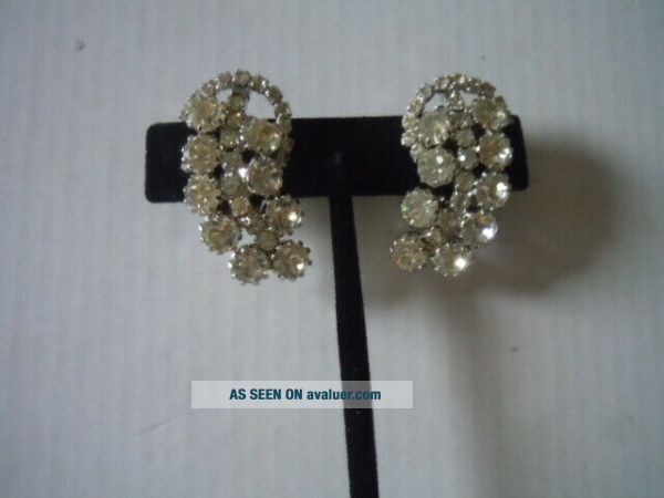 Vintage Silver Tone Clear Rhinestone Clip On Earrings | #46660581