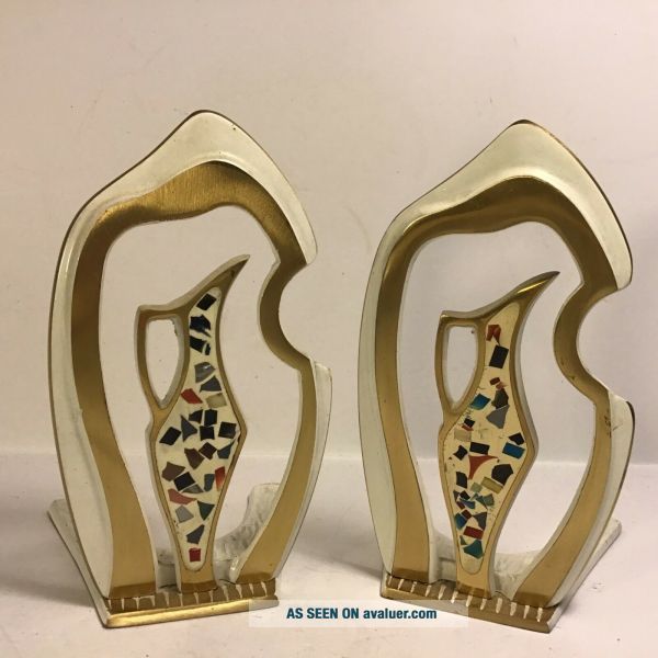 Vintage Brass Enameled Bookends Vase Made In Israel | #46744954