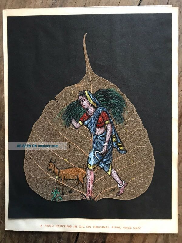 Vintage Hand Painting In Oil On Pipal Tree Leaf | #46857119