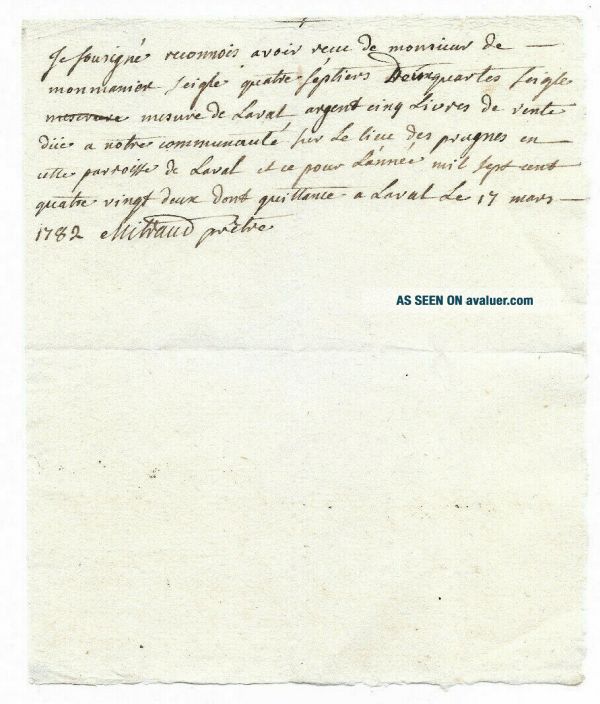 1782 Preast Manuscript Receipt Document Church Of Laval Catolic OLD ...