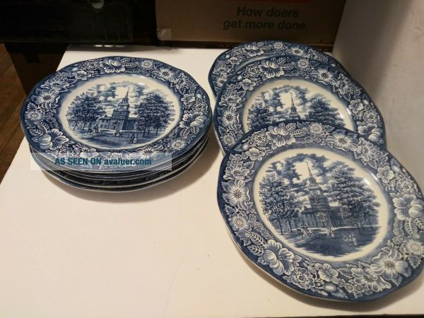 Vintage Liberty Blue Historic Colonial Scenes 8 Dinner Plates Made In ...