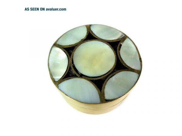 Brass Mother Of Pearl Pill Box Small Round Ring Jewelry Box Trinket Box ...