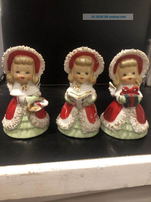 3 - Vintage Geo LEFTON Christmas BELL Spaghetti Trim Angels Caroler ...