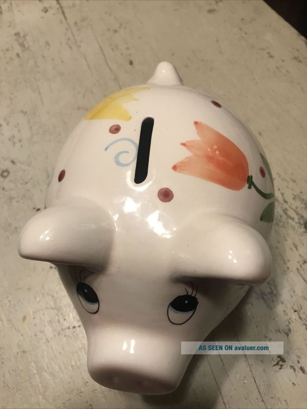 Vintage Ceramic Piggy Bank White Pig With Tulips Rare | #47040807