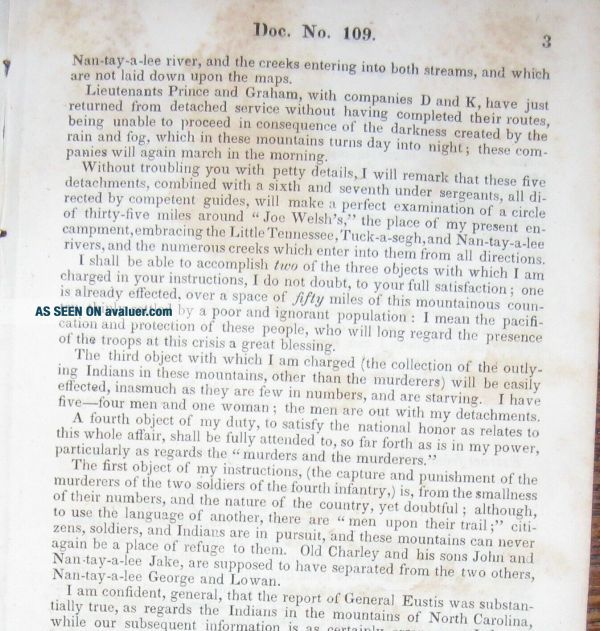 1839 US GOVERNMENT DOC. CHEROKEE TRIBE TRAIL OF TEARS INDIAN REMOVAL ...