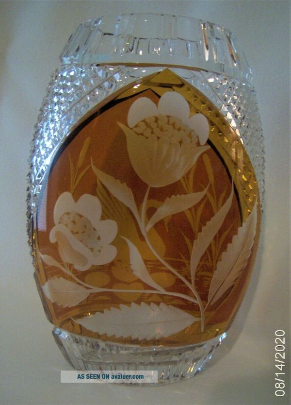 Lovely Vintage 8 " Tall Amber Cut To Clear Bohemian Czech Crystal Vase ...