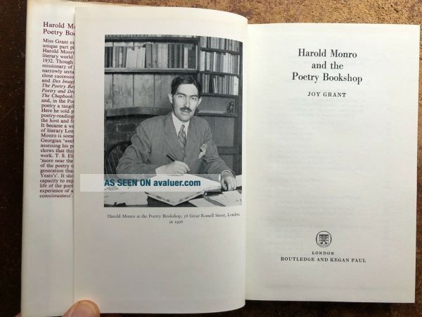 1967 Harold Monro And The Poetry Bookshop By Joy Grant - Dust Jacket ...