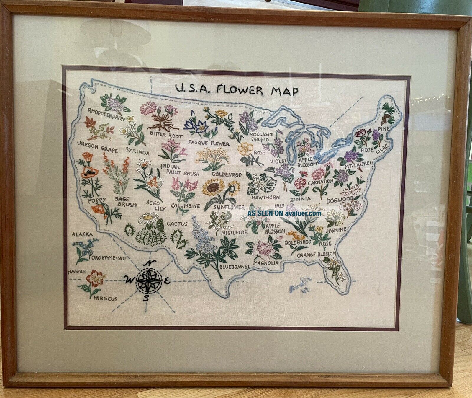 Vintage USA State Flower Map Embroidered Framed Completed 1967 Sampler ...